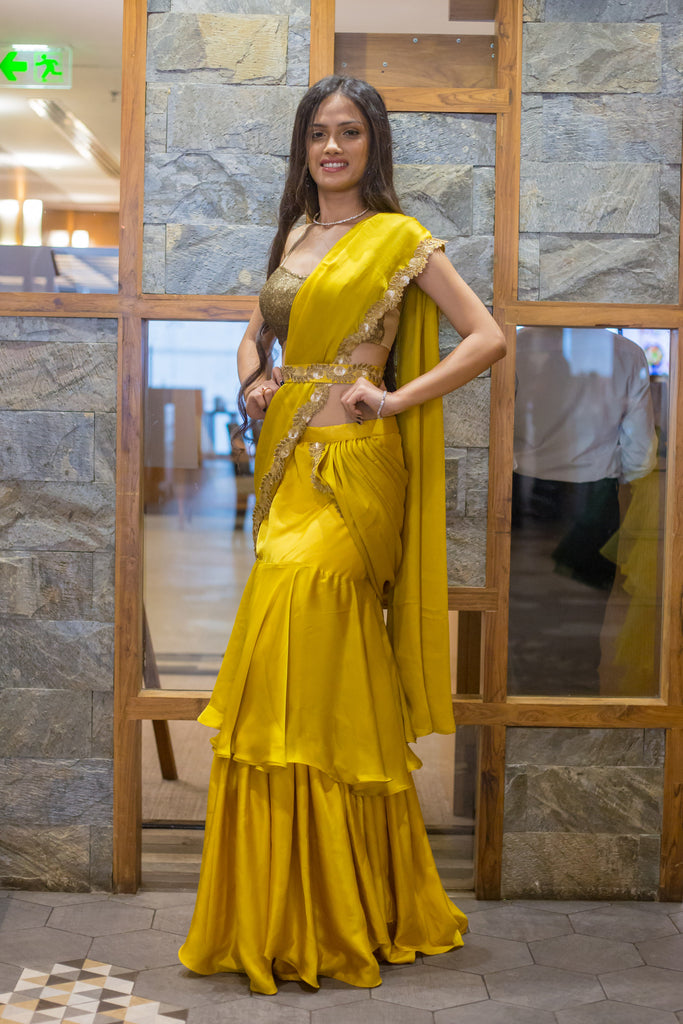 MUSTARD YELLOW DRAPE DOUBLE SAREE – Rajkumari - By Richa Haware